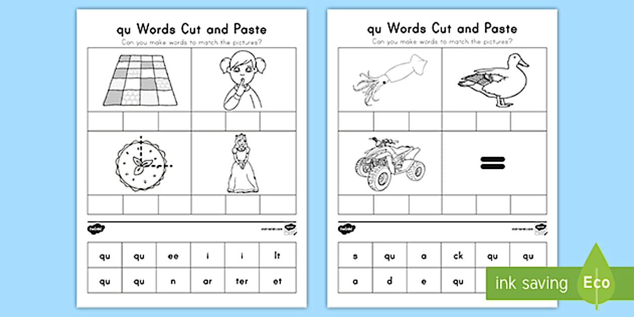 -qu Digraphs Cut and Paste Worksheet (Teacher-Made) - Twinkl