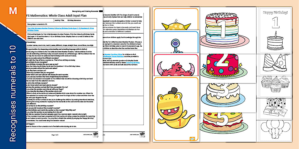 EYFS Birthday Monsters Recognition to 10 Adult Input Plan