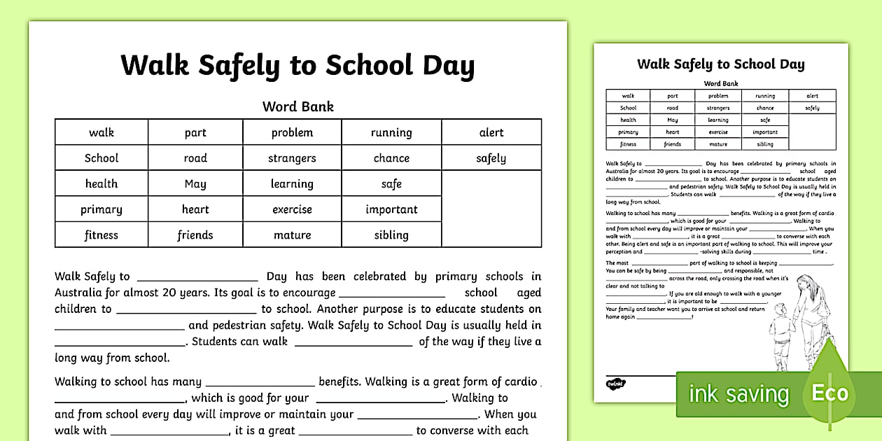 Walk Safely to School Day Cloze Worksheet - Twinkl