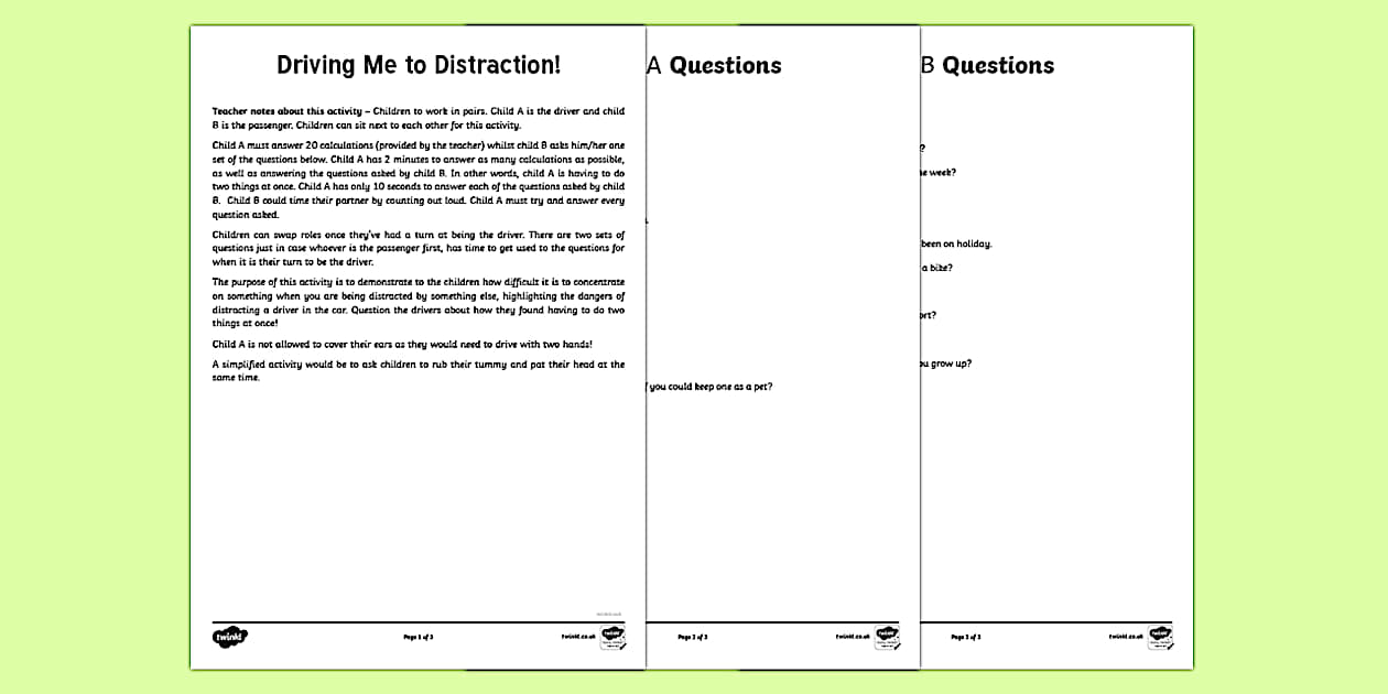 Driving Me to Distraction Worksheet / Worksheet - Twinkl