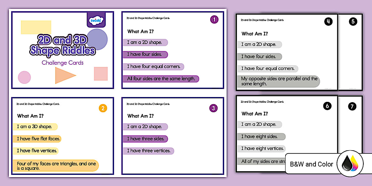 First Grade 2D and 3D Shape Riddles Challenge Cards - Twinkl