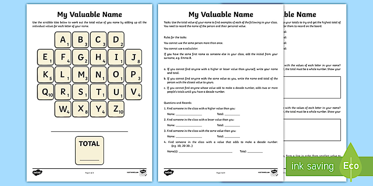 Editable My Valuable Name Maths Letter Tiles Activity
