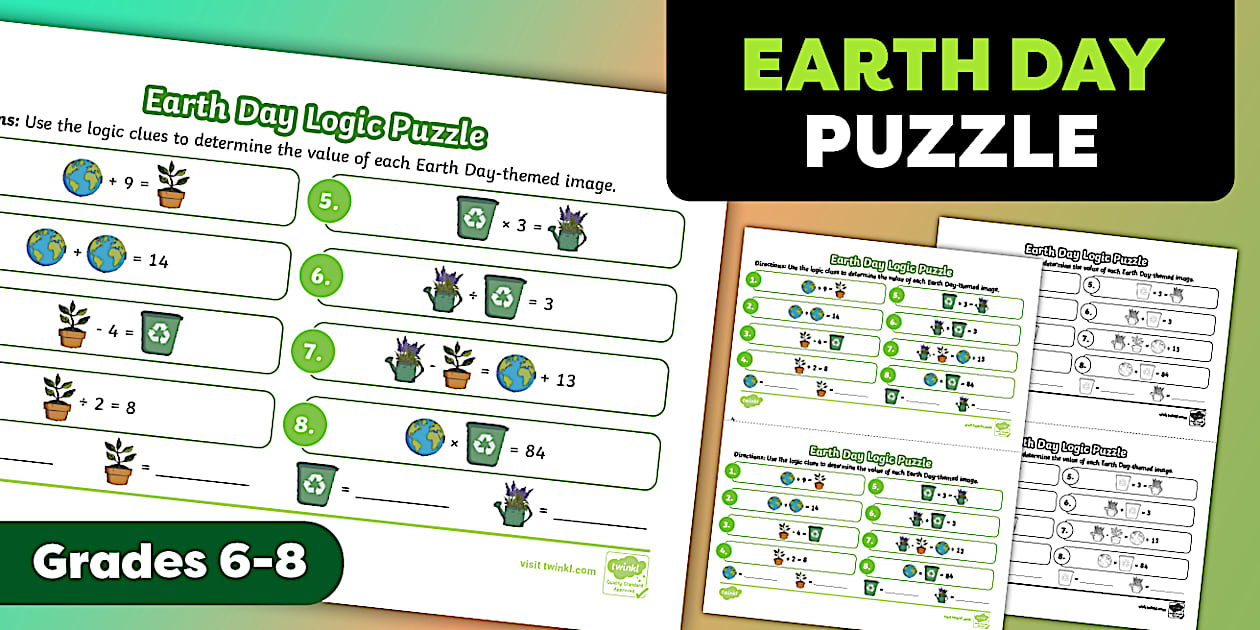 Algebra Critical Thinking Earth Day Logic Puzzle - Twinkl