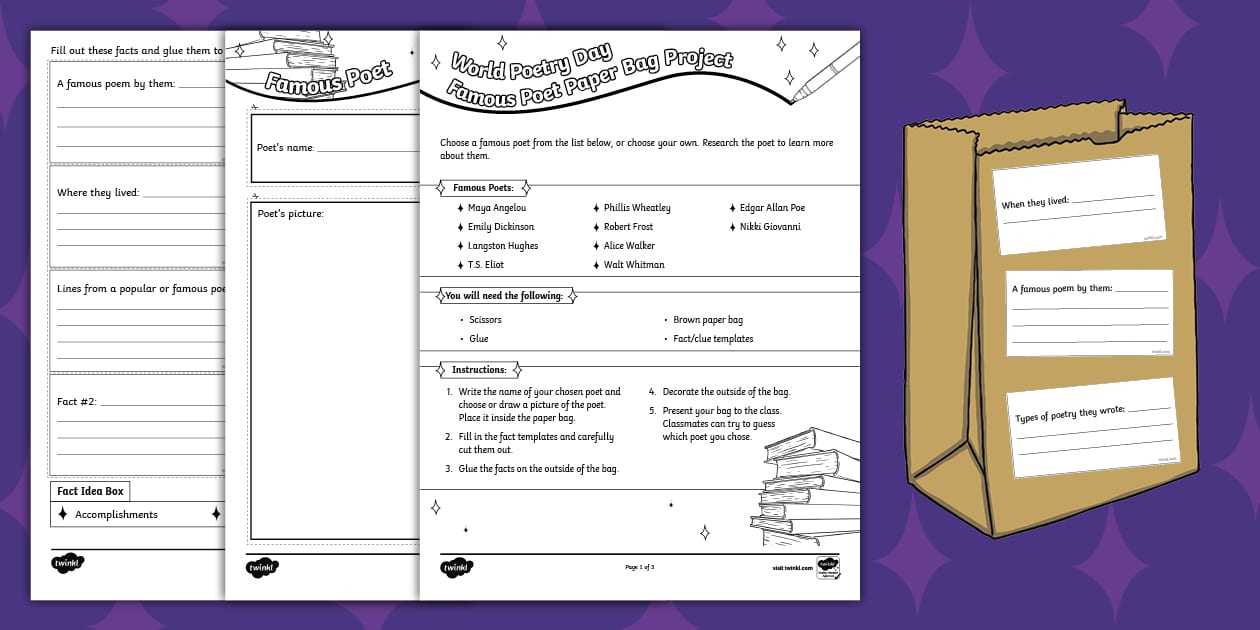 World Poetry Day Famous Poet Paper Bag Project - Twinkl