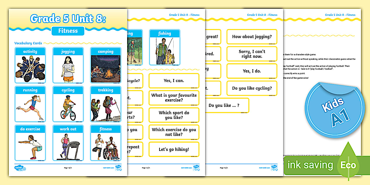 Turkey Curriculum English Vocabulary Cards: Grade 5 Unit 8 (Fitness)