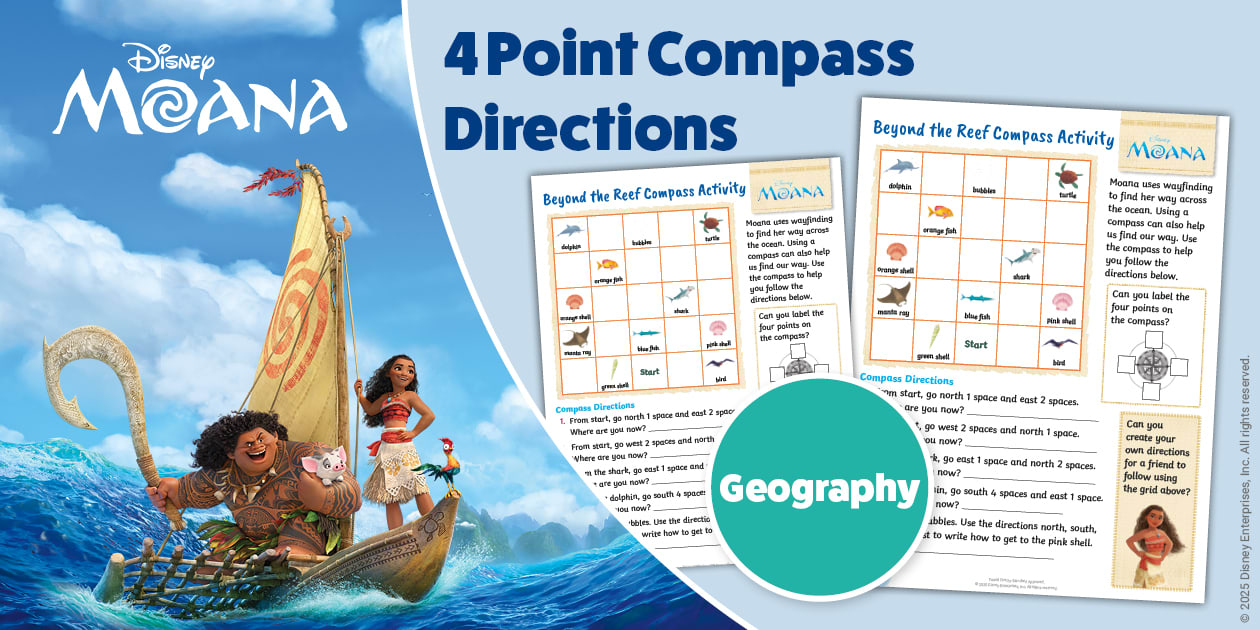 Moana: First Grade 4-Point Compass Directions Worksheet