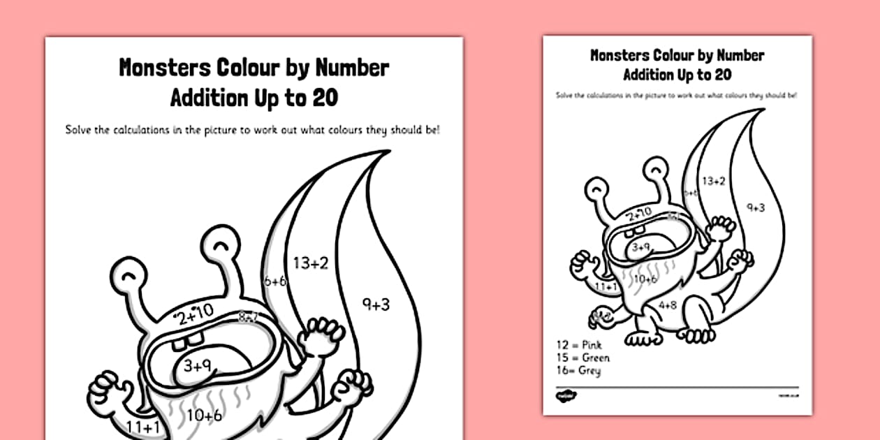 Monster Colour by Number Addition to 20 - Twinkl