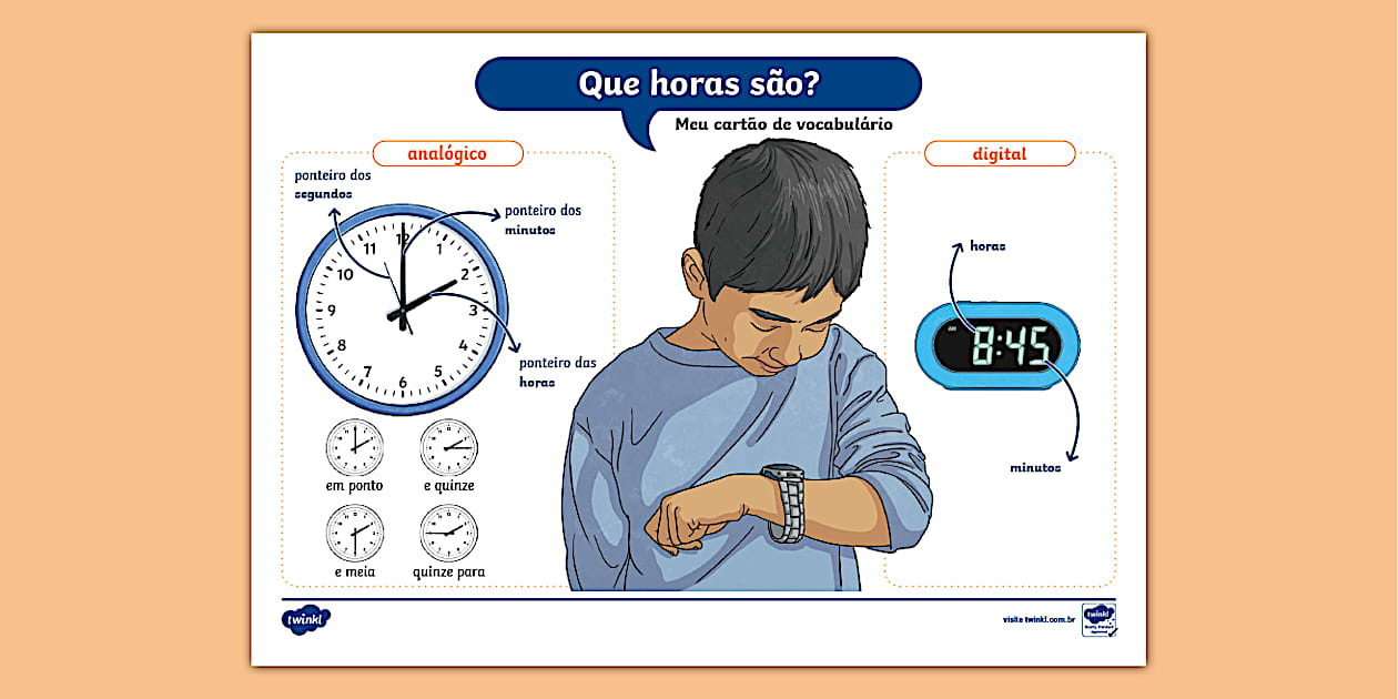 Que horas são? - Meu cartão de vocabulário (teacher made)