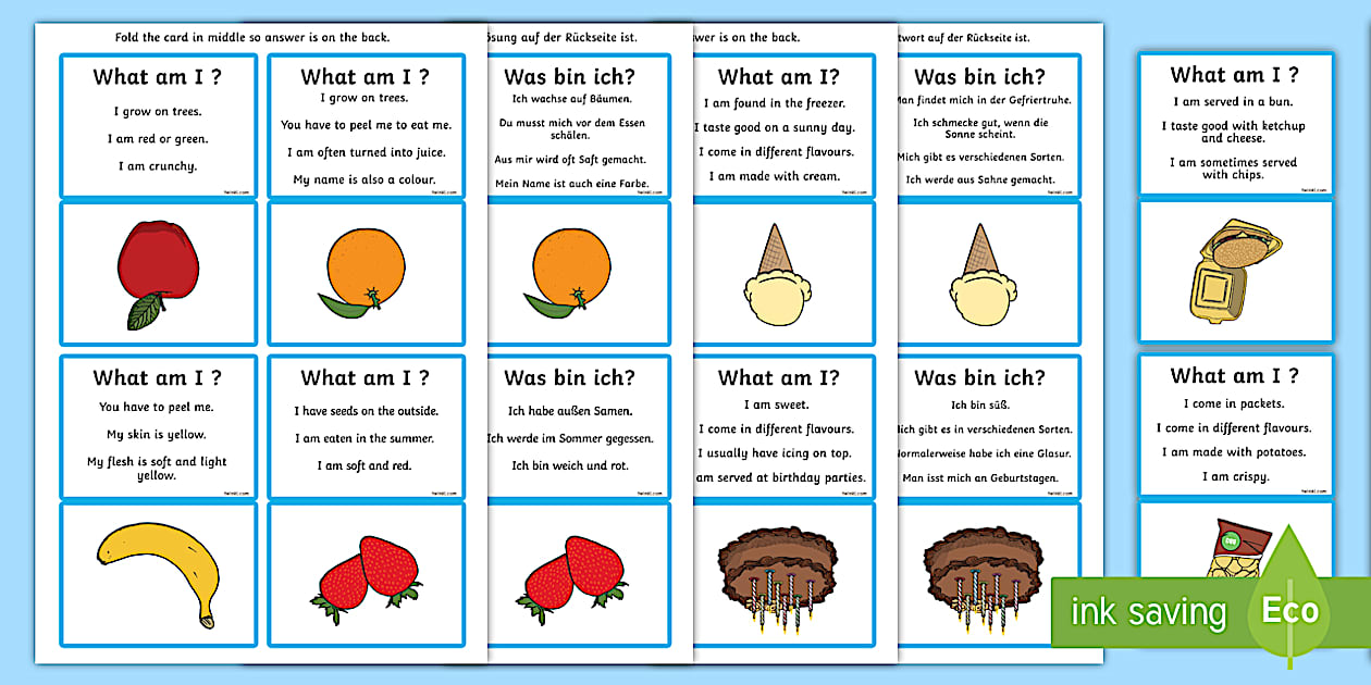 'What Am I?' Food Themed Guessing Game Cards English/German