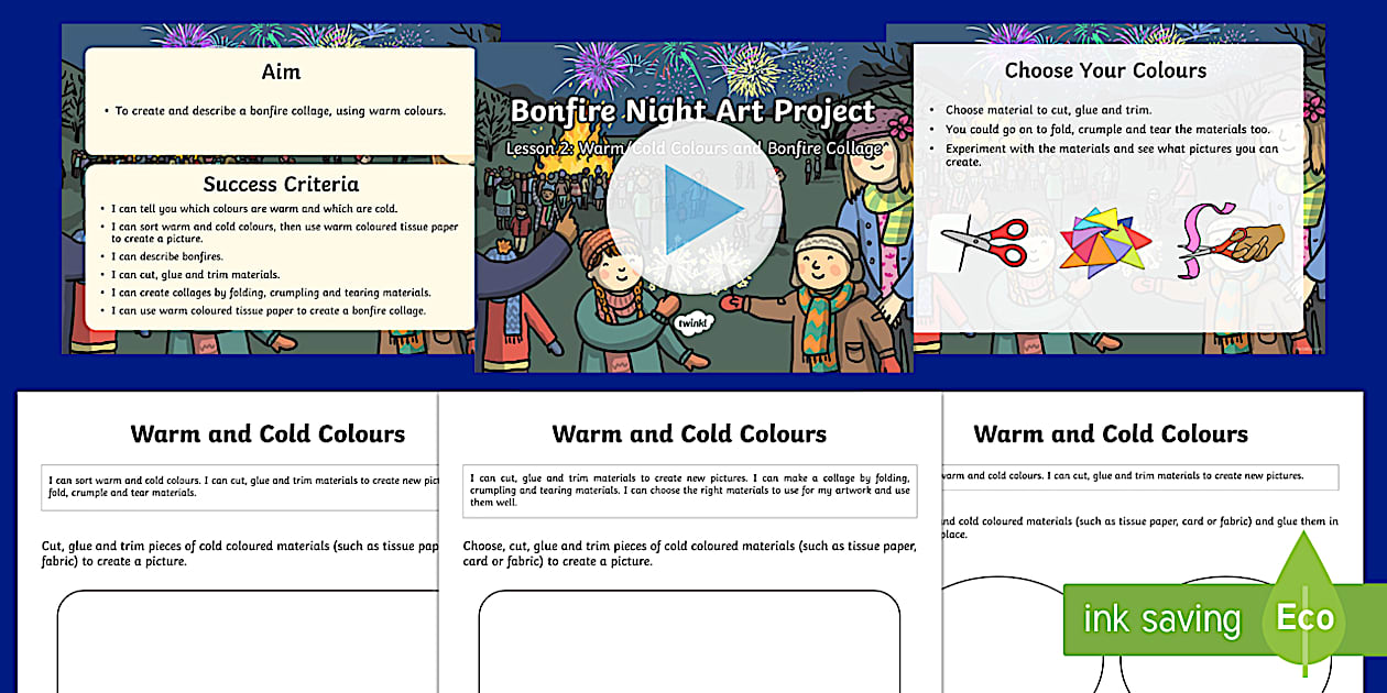 KS1 Bonfire Night Art Lesson 2: Warm/Cold Colours and Bonfire Collage