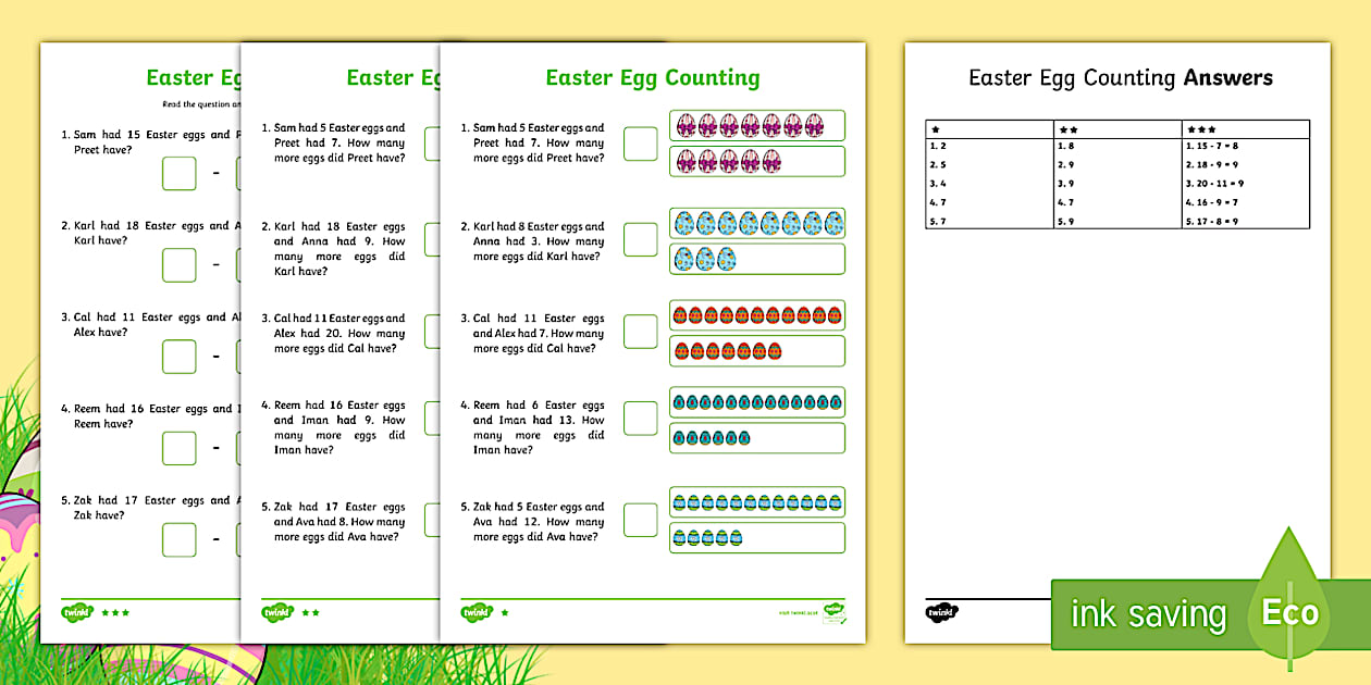 Easter Egg Subtraction by Comparison Differentiated Worksheets