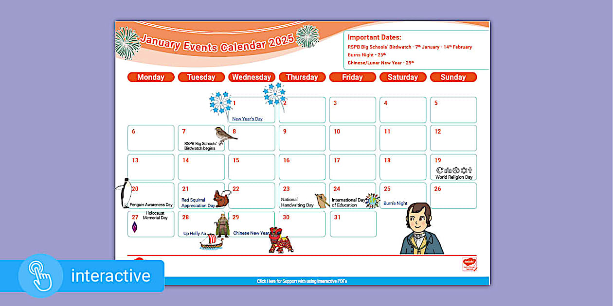 Interactive PDF: Free January Events First Level Calendar