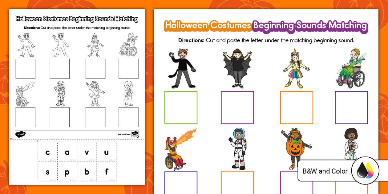Halloween Costumes Beginning Sounds Cut and Paste Matching Worksheet ...
