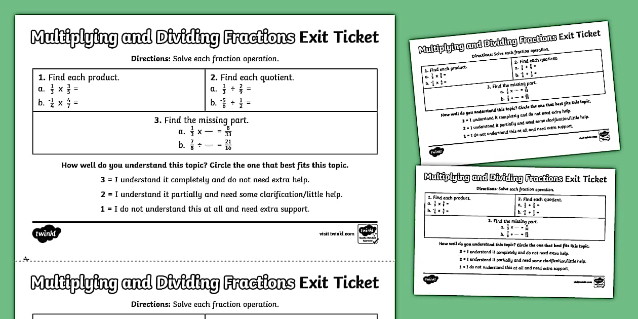 Seventh Grade Multiplying and Dividing Fractions Exit Ticket