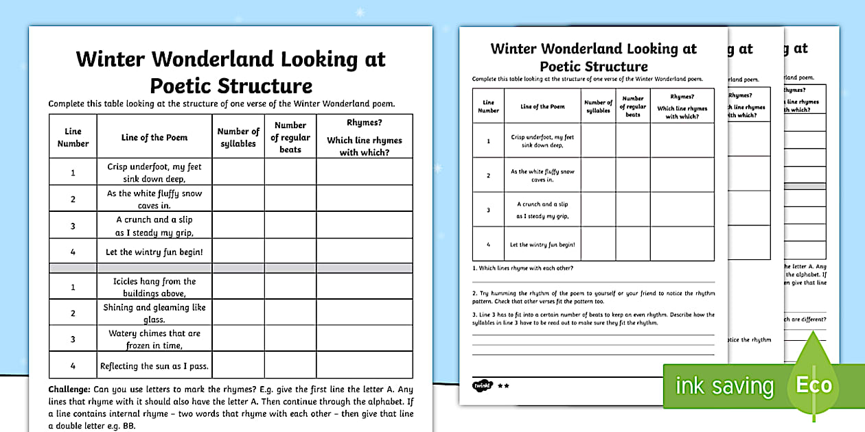 KS2 Winter Wonderland Poetic Structure Differentiated Worksheet / Worksheet