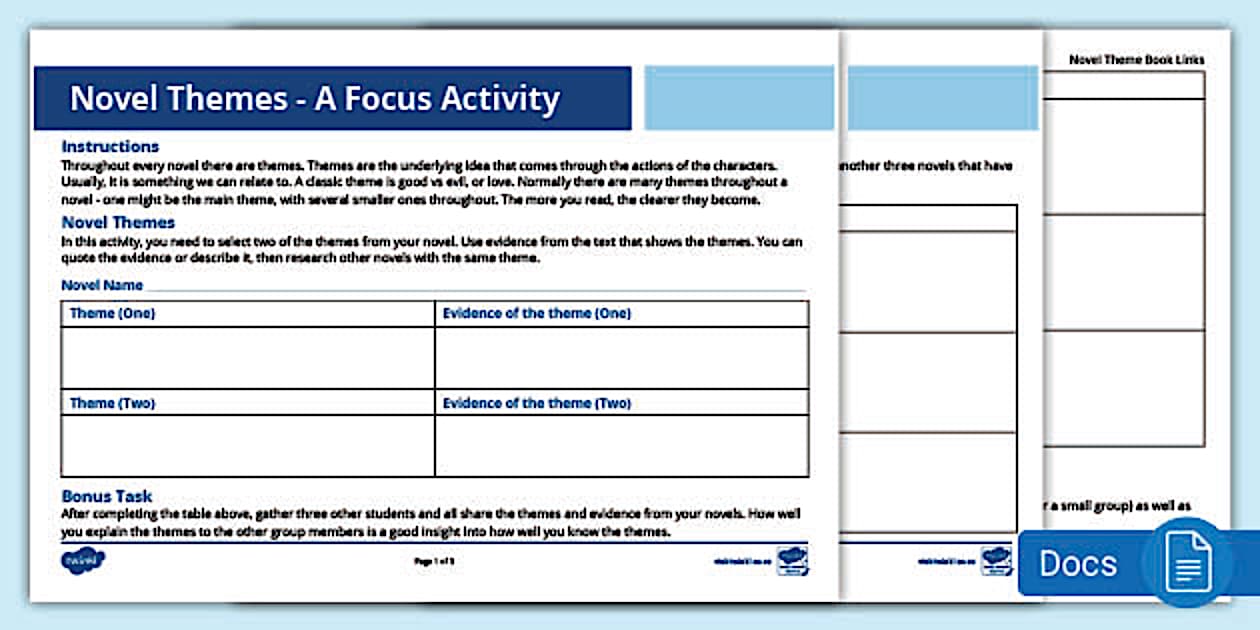 Year 7 and 8 Novel Theme Focus Activity (teacher made)
