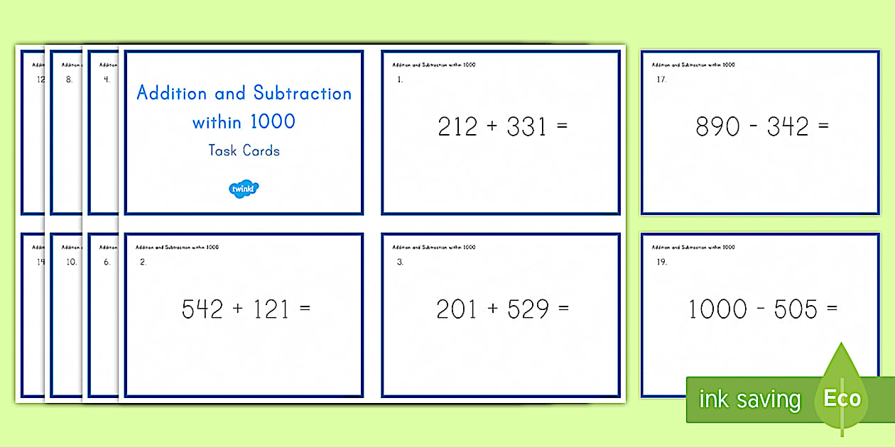 Addition and Subtraction Within 1000 Task Cards - Twinkl
