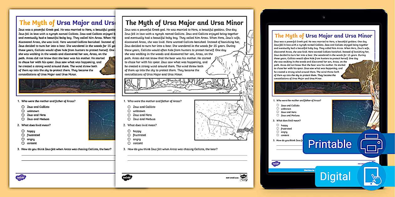 Fourth Grade the Myth of Ursa Major and Minor Reading Comprehension