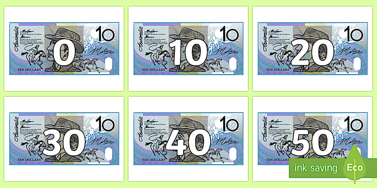 NSW Counting in 10s on $10 Notes Display Numbers - Twinkl