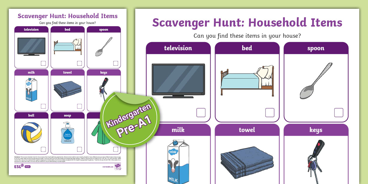 ESL Scavenger Hunt: Household Items for Kids (teacher made)