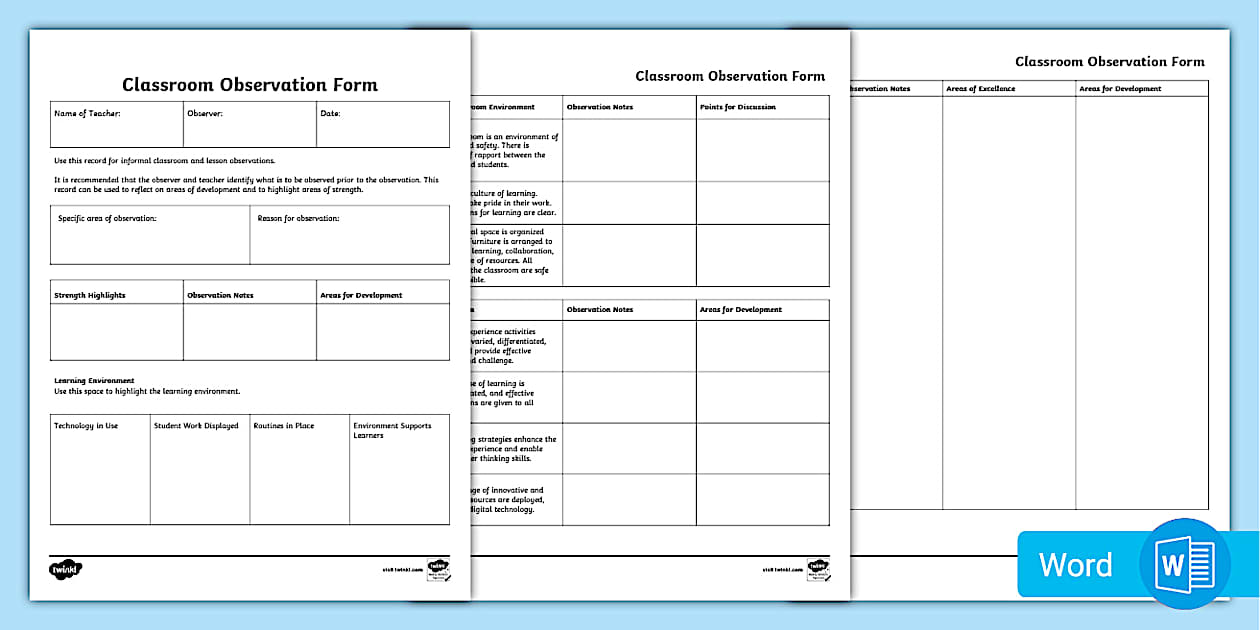 Editable Teacher/Classroom Observation Form - Twinkl