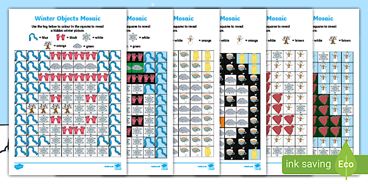 Winter Mosaic Images | Winter Art Worksheets | Twinkl