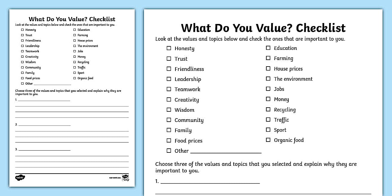 What Do You Value? Checklist (teacher made) - Twinkl
