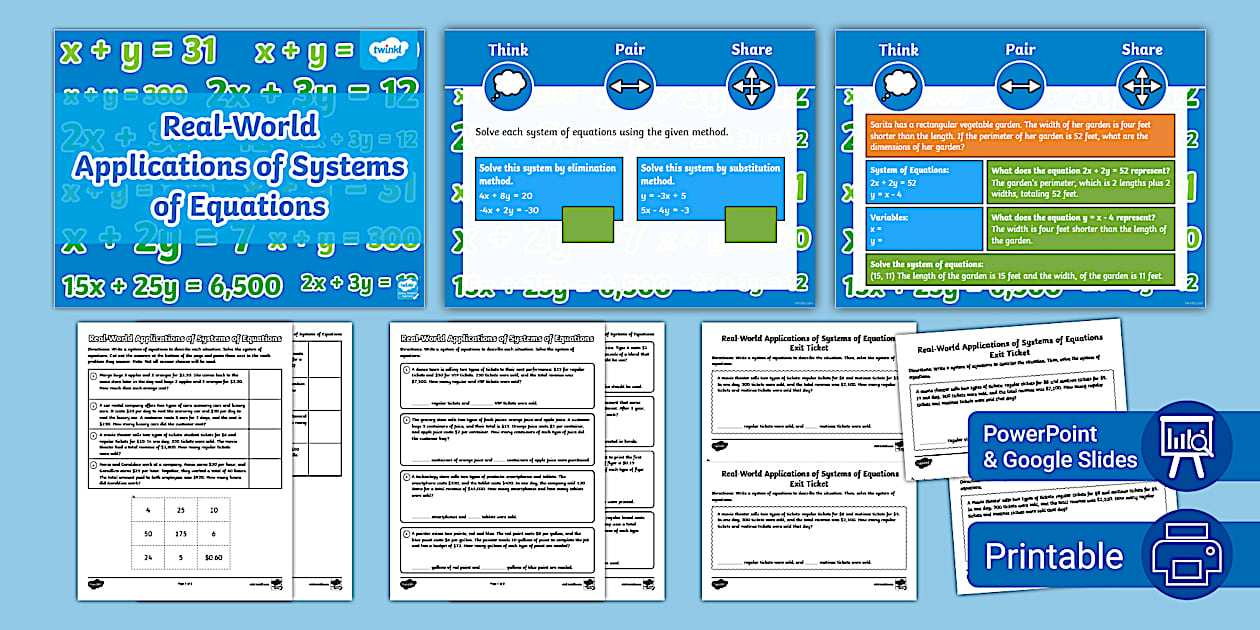 System of Equations Applications Worksheet Pack | Twinkl USA