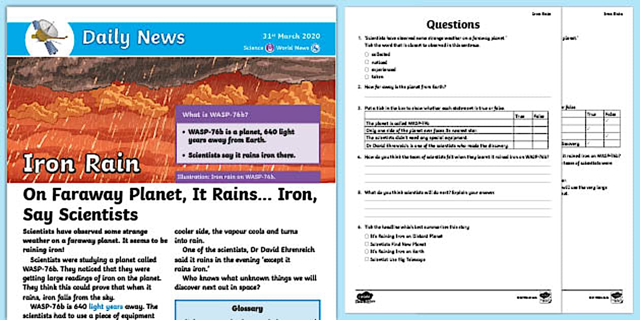 Planet Rains Iron Daily News Story (ages 7-9) (teacher made)