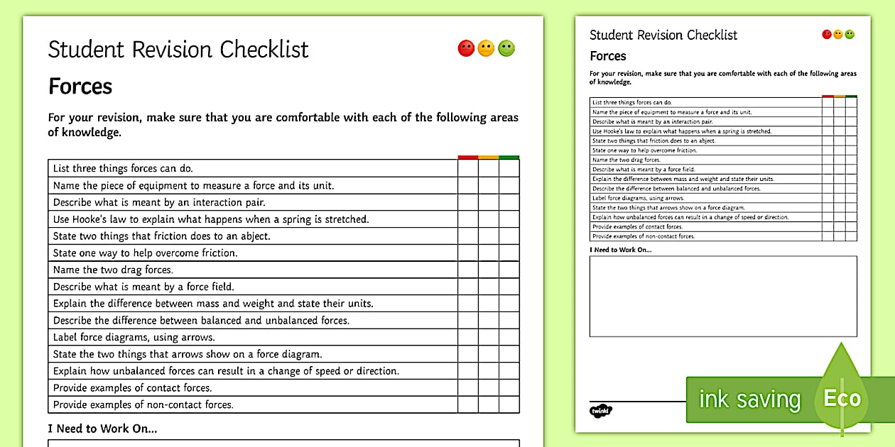 Forces Student Revision Checklist (Teacher-Made) - Twinkl