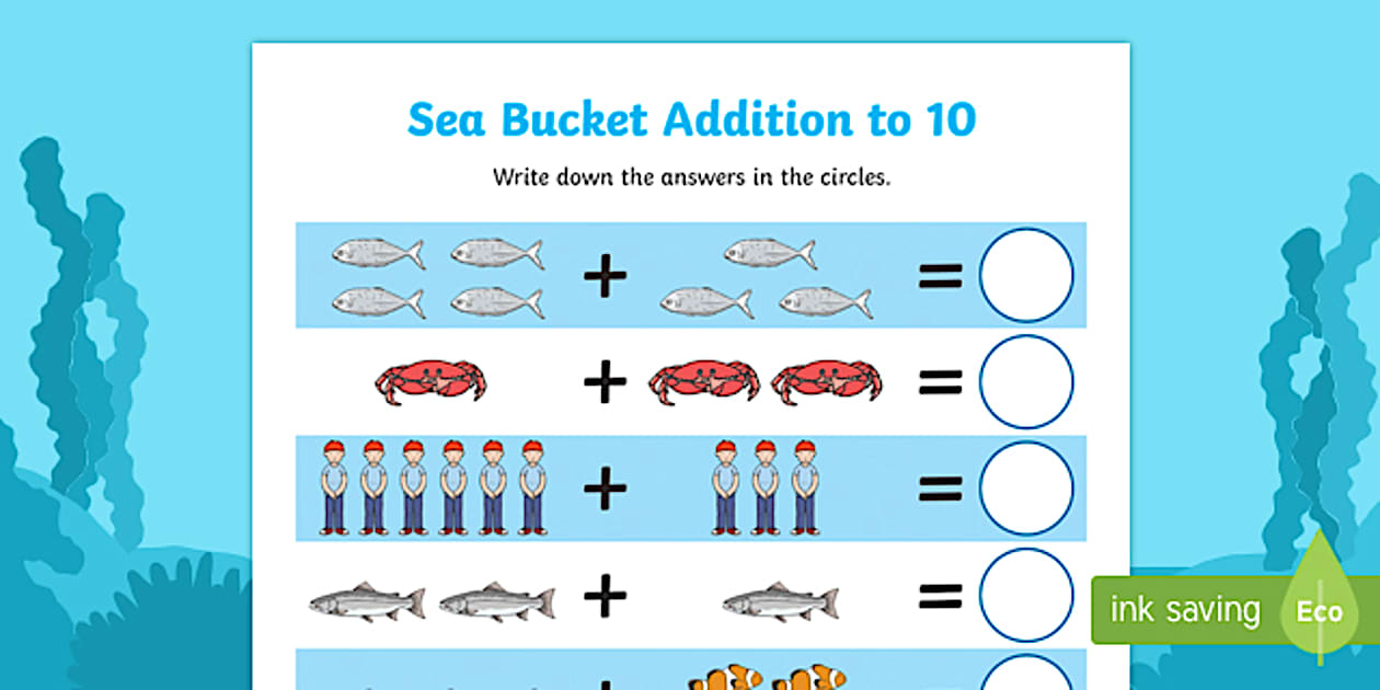 Black and White Sea Bucket Up to 10 Addition Sheet - Twinkl