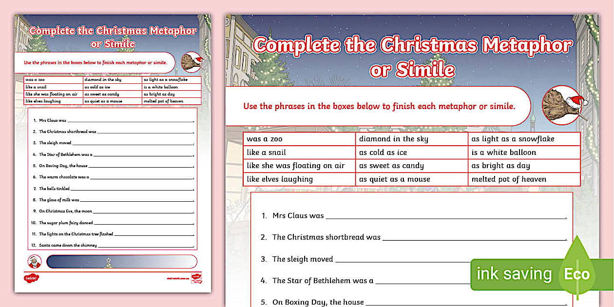 Complete the Christmas Metaphor or Simile Worksheet | Twinkl