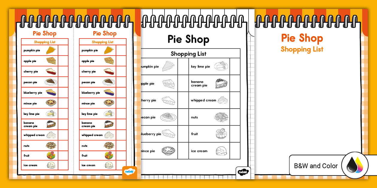 Pie Shop Dramatic Play Shopping List