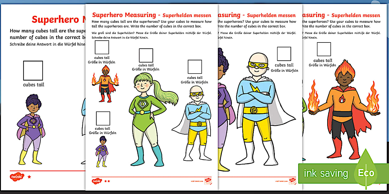 Superhero Measuring with Cubes Differentiated Worksheet English/German