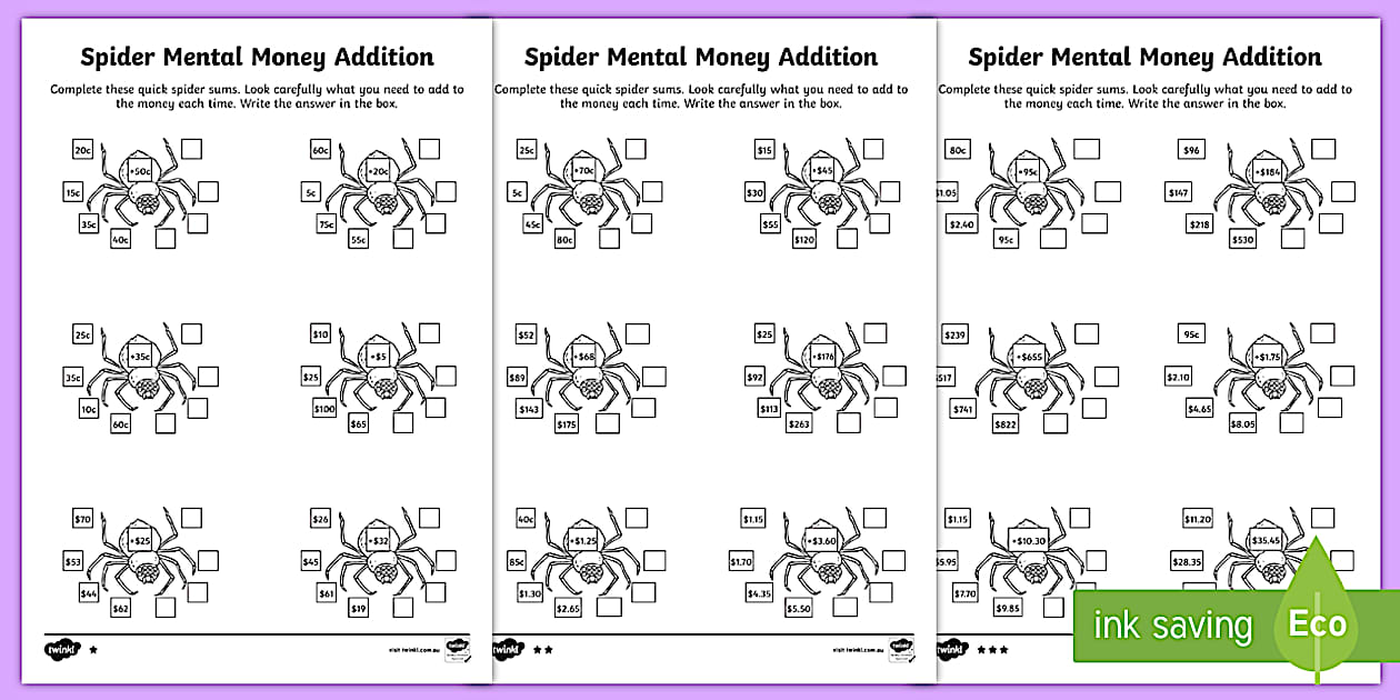 Editable Spider Mental Australian Money Addition Differentiated Worksheets
