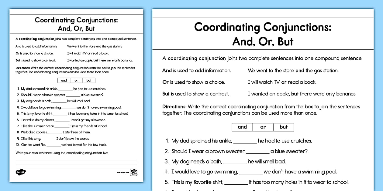 2nd Grade Coordinating Conjunctions Worksheet: And, Or, But