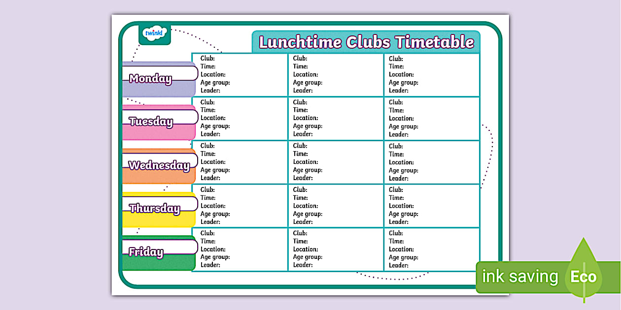 Whole School Lunchtime Clubs Editable Timetable