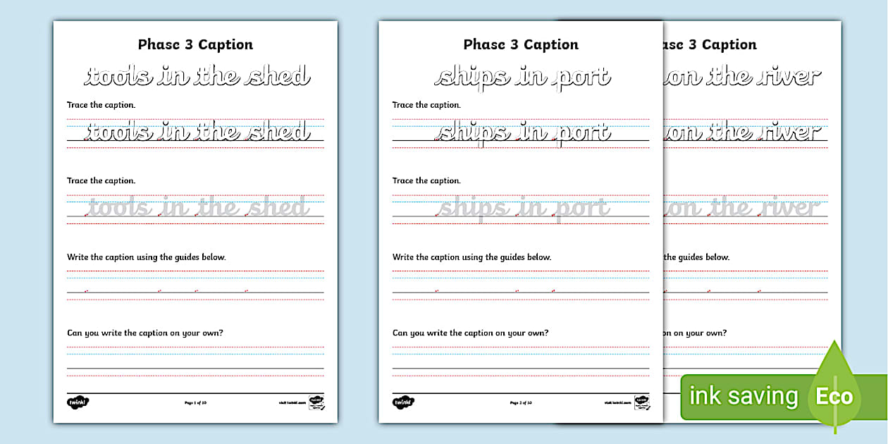 Cursive Phase 3 Captions Handwriting Worksheets - Twinkl