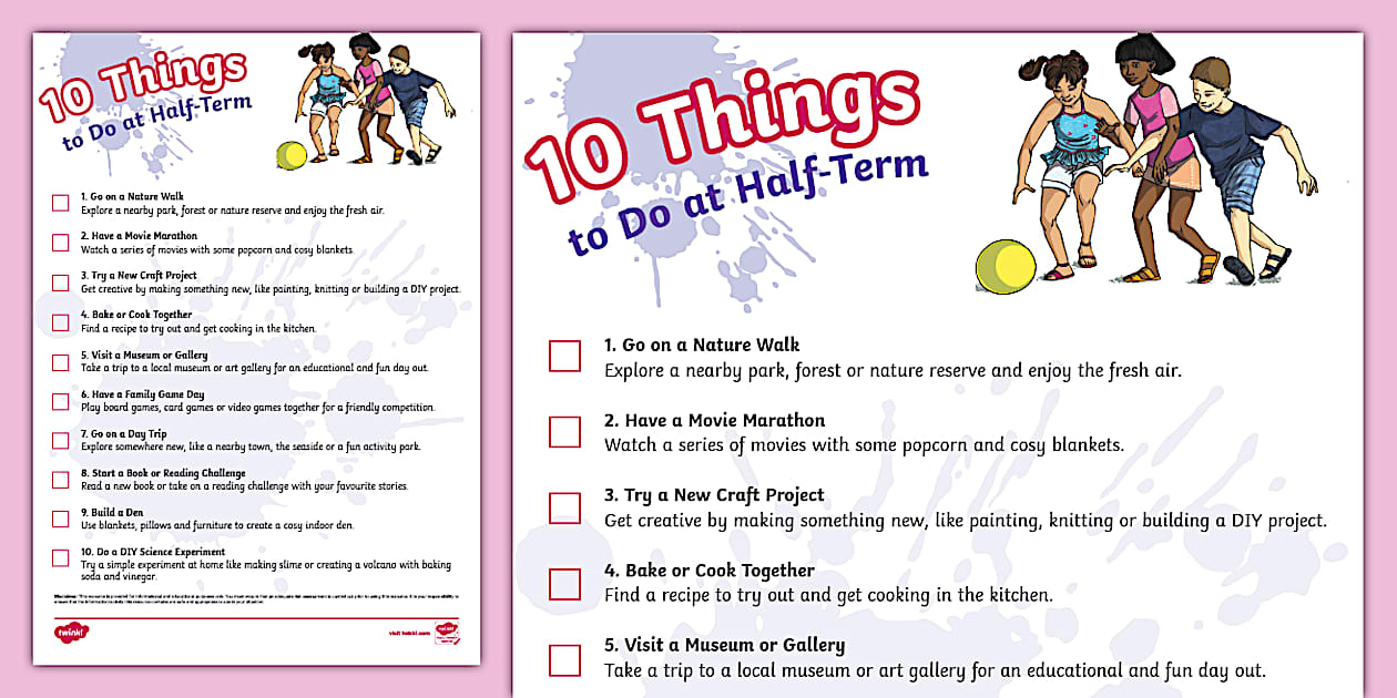 10 Things to Do at Half-Term Activities (teacher made)