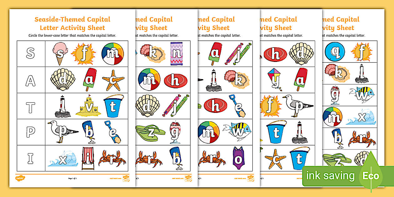 Seaside-Themed Capital Letter Matching Worksheets | Twinkl