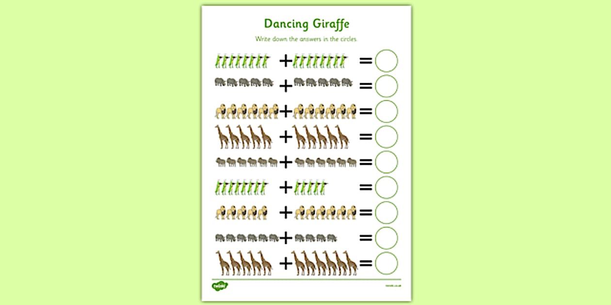 Black and White Dancing Giraffe Themed Up to 20 Addition Sheet