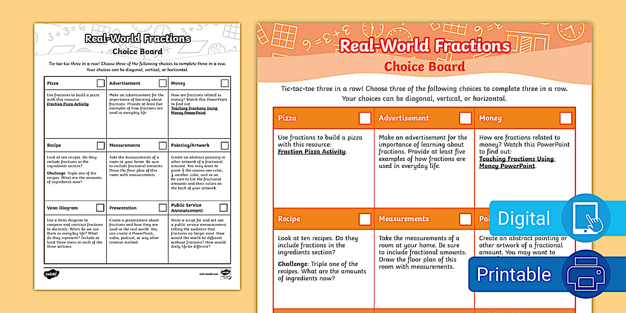 Real-World Fractions Math Choice Board for 3rd-5th Grade