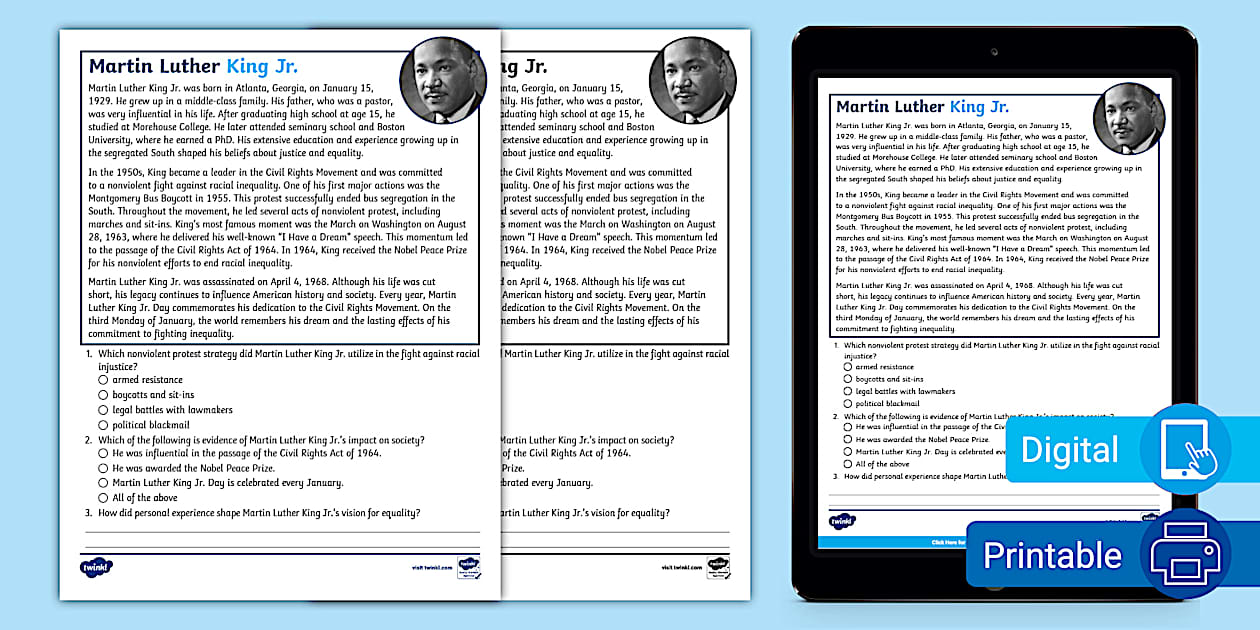 8th Gr Martin Luther King Jr. Reading Passage Comprehension
