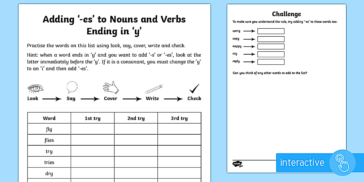 Addin 'ies' to 'y' Verb and Nouns | Parent Spelling Practise