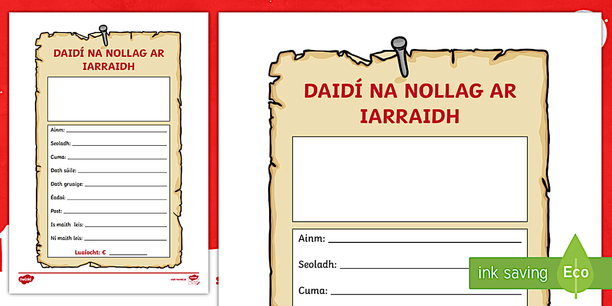 Editable WANTED Father Christmas Worksheet Gaeilge - Twinkl