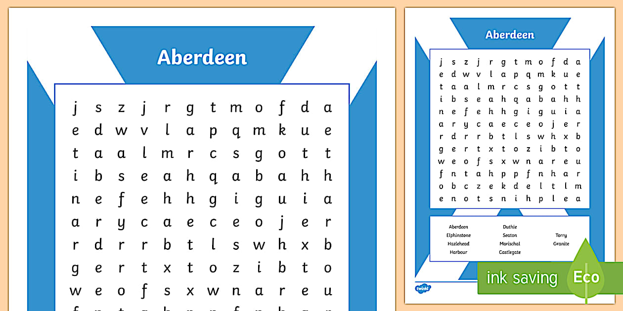 Black and White Aberdeen City Word Search (teacher made)
