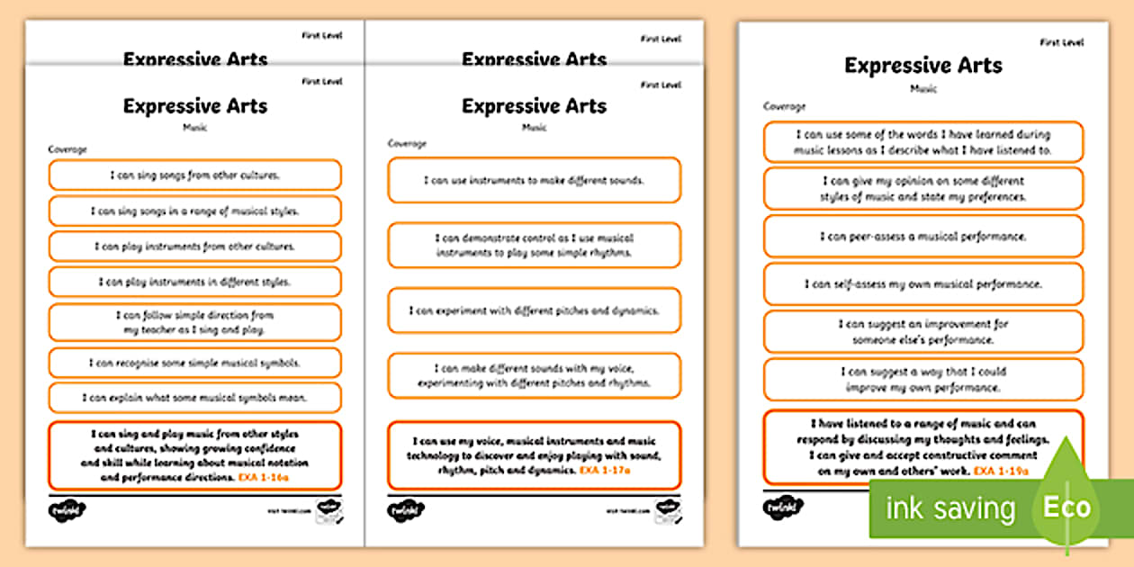 CfE Expressive Arts (Music) First Level Child-Friendly Assessment Tracker