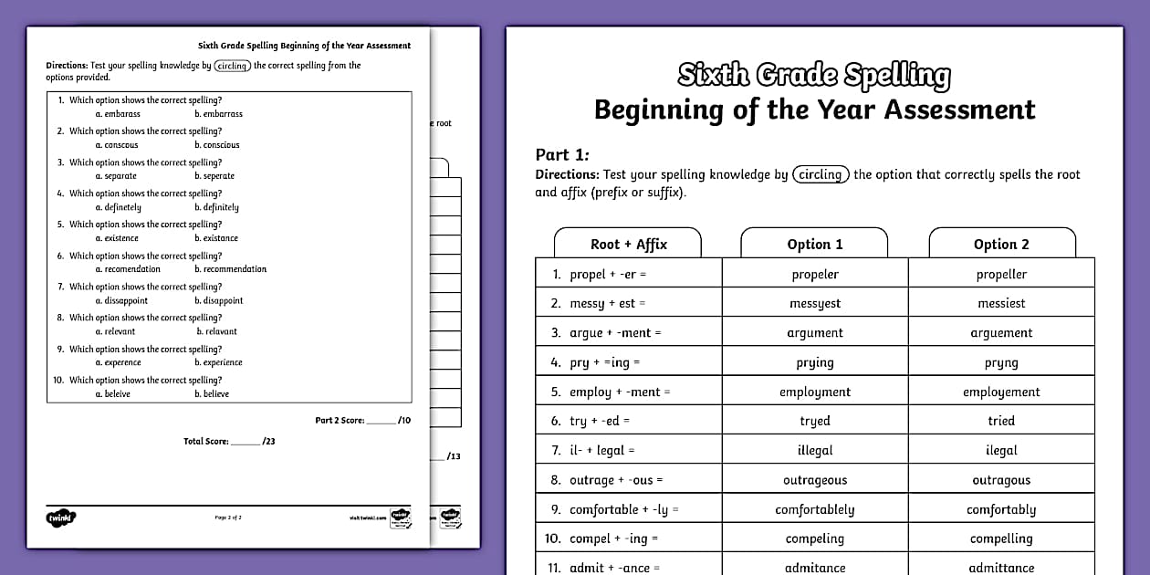 Sixth Grade Beginning of the Year ELA Spelling Assessment