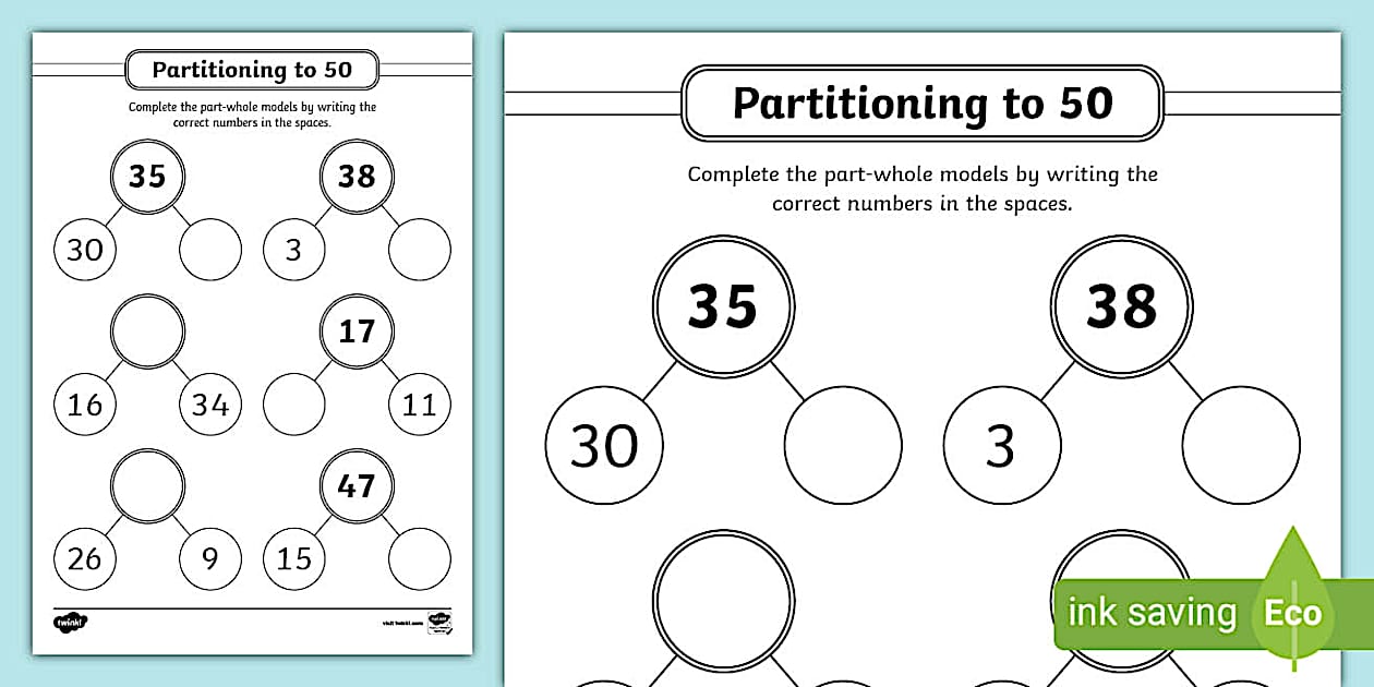 👉 Partitioning to 50 Worksheet (teacher made) - Twinkl