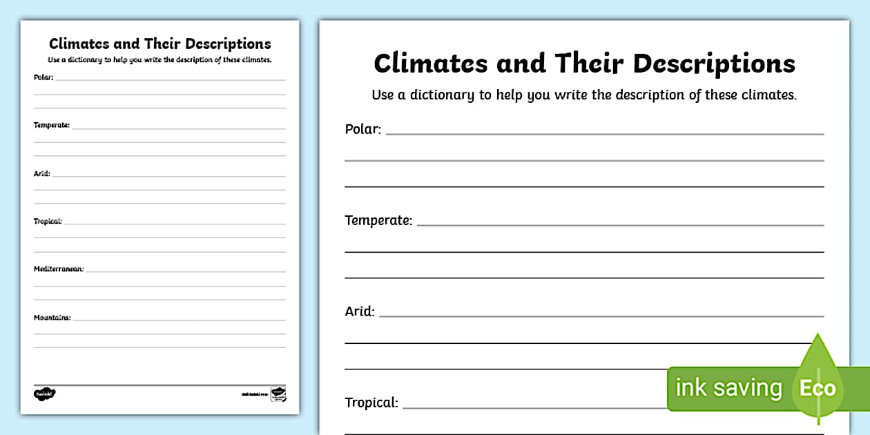 Climates Description Writing Worksheet (teacher made)